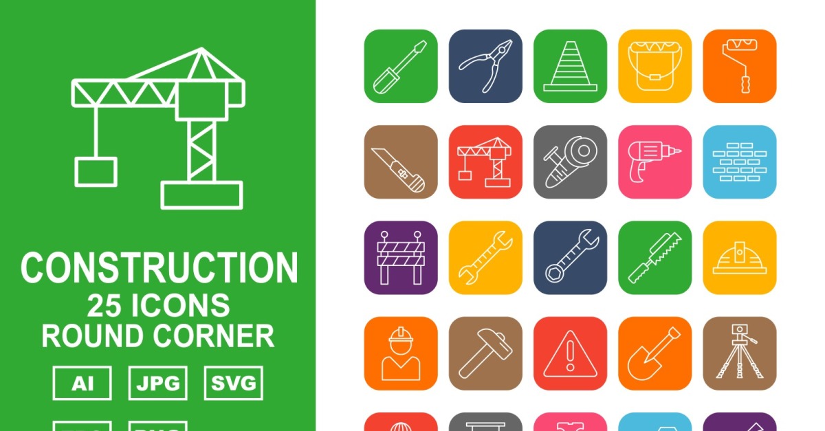 25 Premium Construction Round Corner Pack Icon Set
