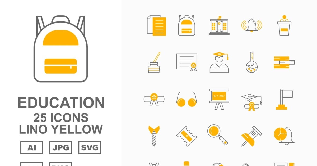 25 Premium Education Lino Yellow Pack Icon Set