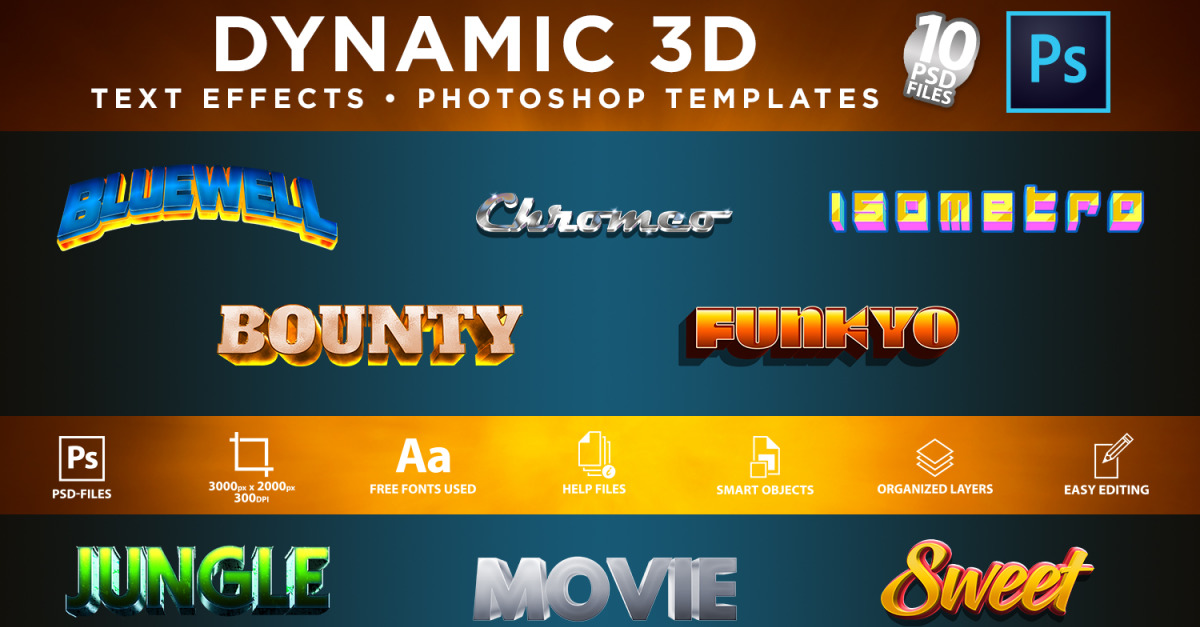 DYNAMIC 3D TEXT-STYLES | Text-Effects/Mockups | Package PSD Template