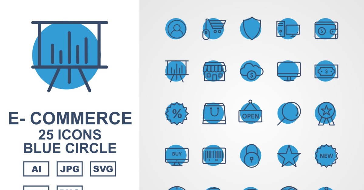 25 Conjunto de iconos de círculo azul de comercio electrónico premium