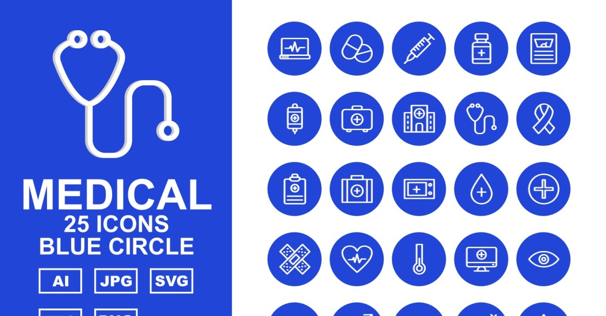 25 Premium Medical Blue Circle Pack Icon Set