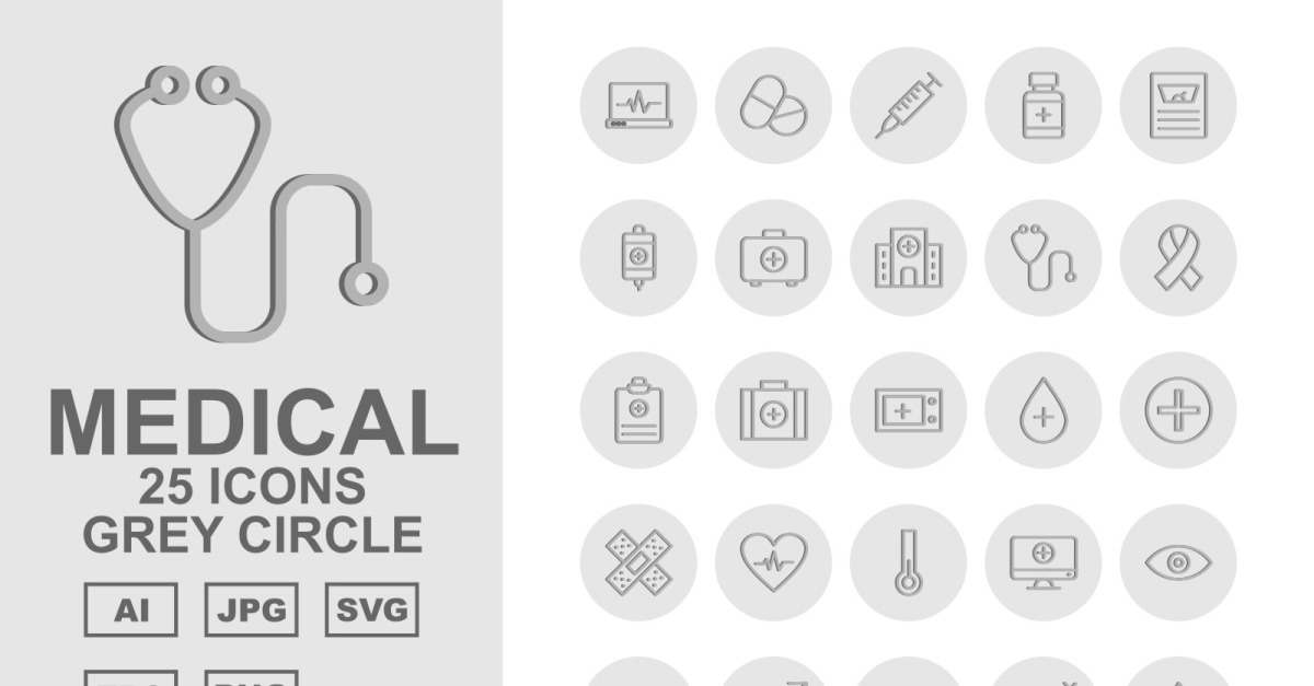 25 Premium Medical Grey Circle Pack Icon Set