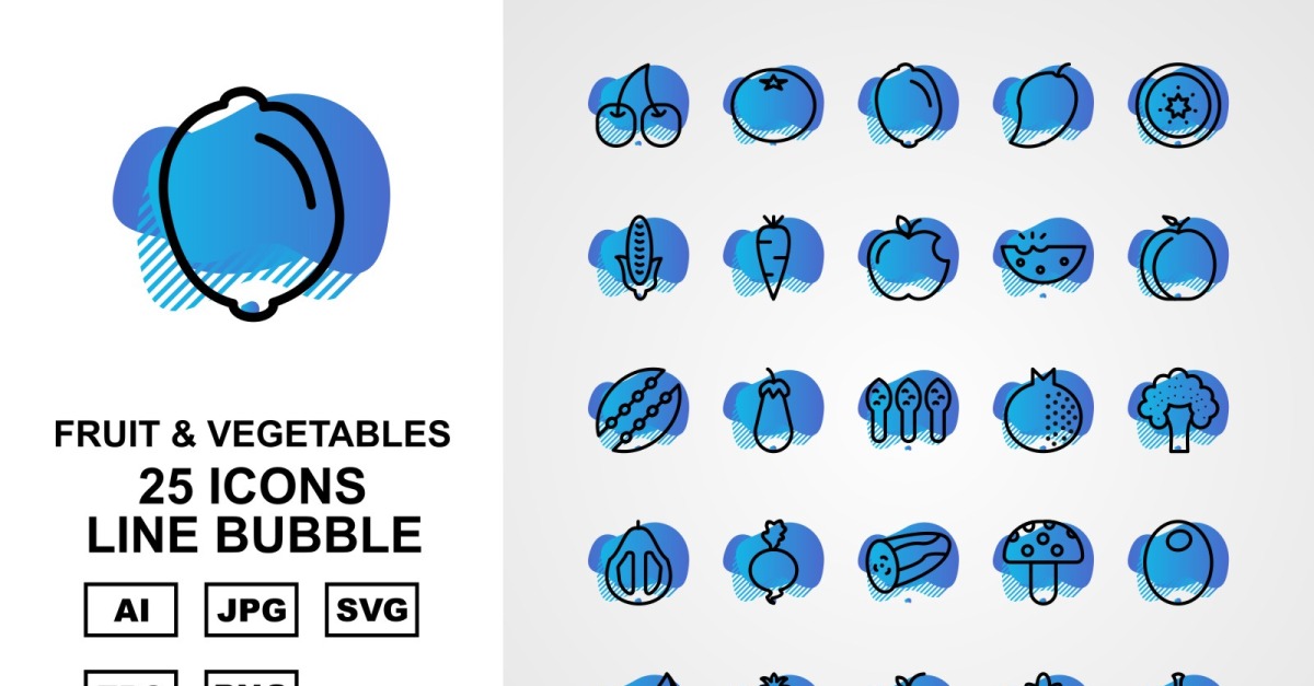 25 Premium Fruit & Vegetables Line Bubble Iconset