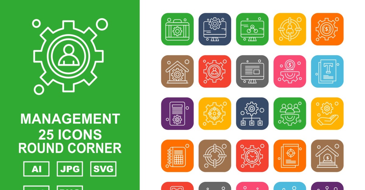 25 Premium Management Round Corner Icon Set - TemplateMonster