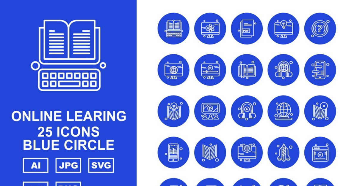 25 Premium Online Learning Blue Circle Icon Set