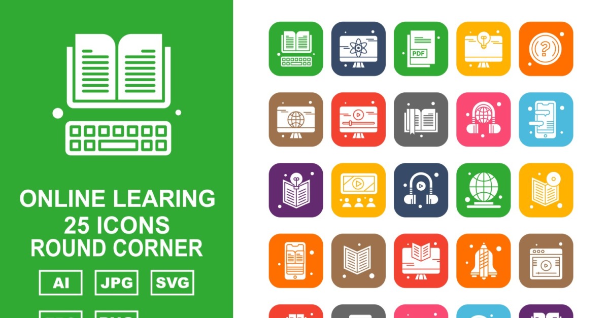 25 Premium Online Learning Round Corner Icon Set