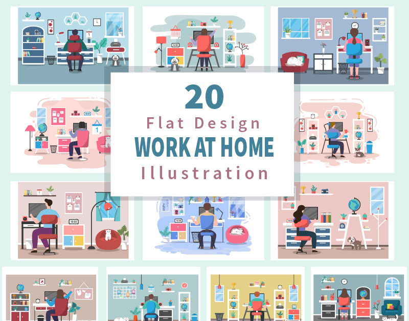 20 Arbeta hemifrån platt design - Illustration