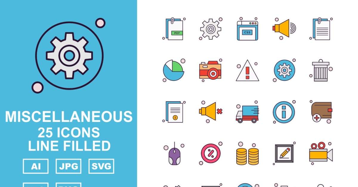 25 Conjunto de iconos premium de línea miscelánea llena