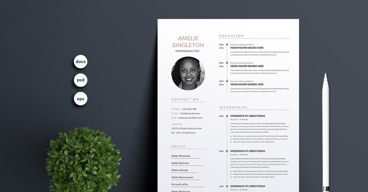 Amelie Singleton Resume/CV Template #165112 - TemplateMonster