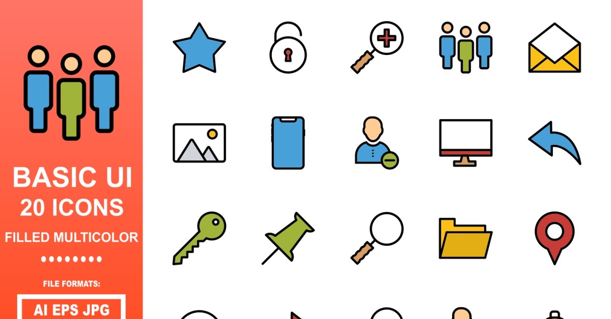 20 Basic UI Filled Multicolor Icon Pack - TemplateMonster