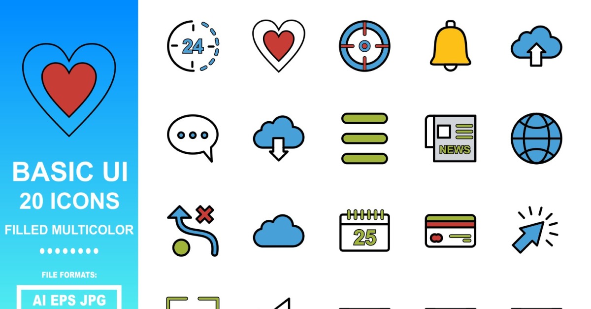 20 Basic UI Filled Multicolor Icon Pack - TemplateMonster