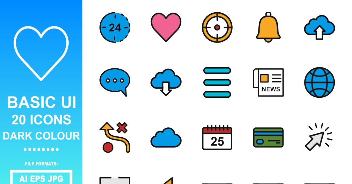 20 Basic UI Dark Colour Icon Pack #167007 - TemplateMonster