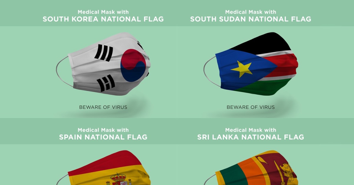 Medical Mask with South Korea Sudan Spain National Flags Product Mockup