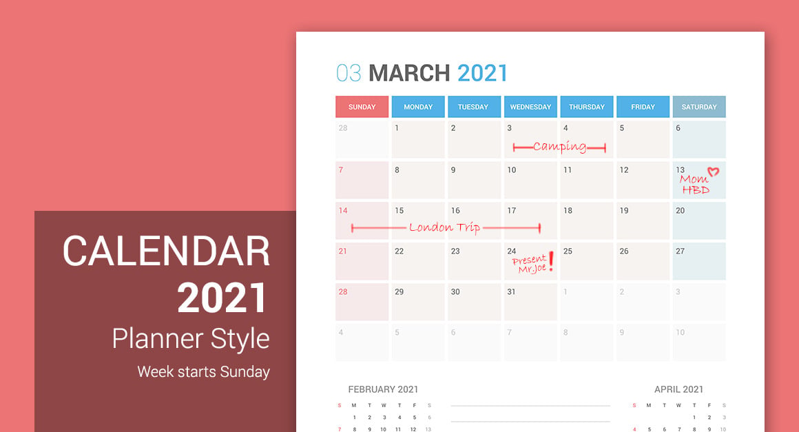 Calendar 2021 Planner Design Week Starts Sunday Planner