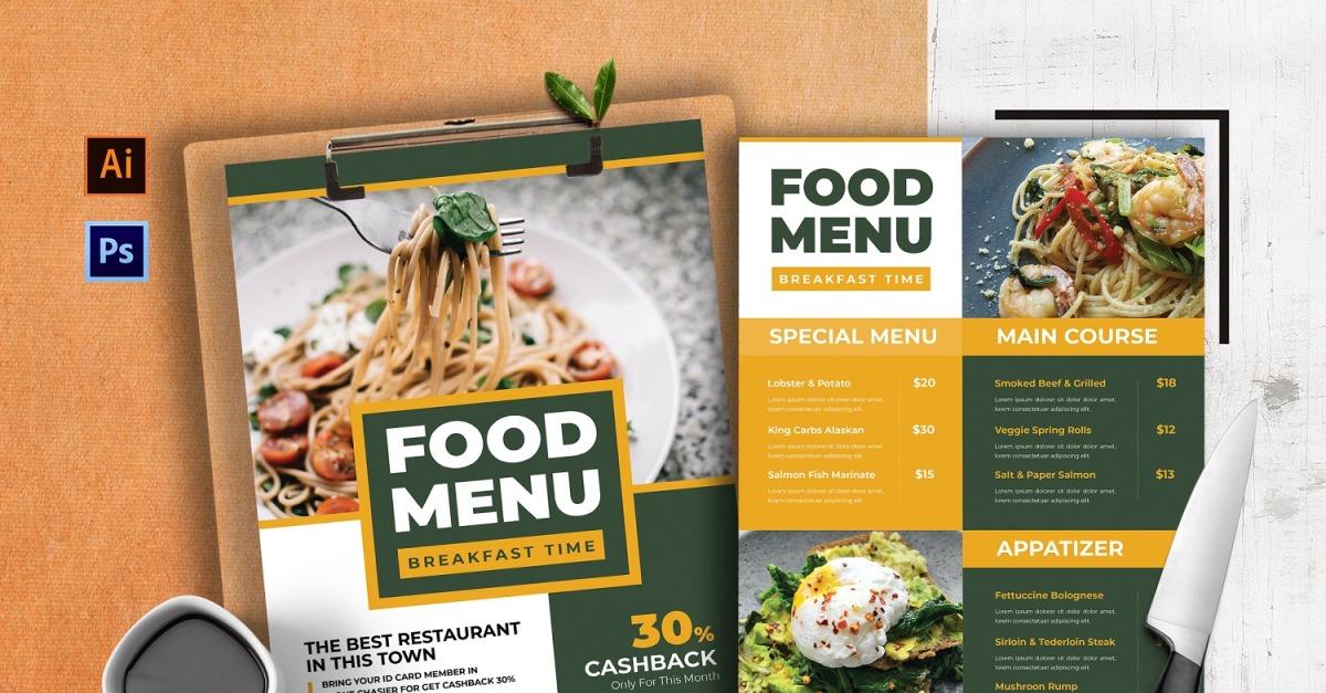 Breakfast Time Food Menu Print Template - TemplateMonster