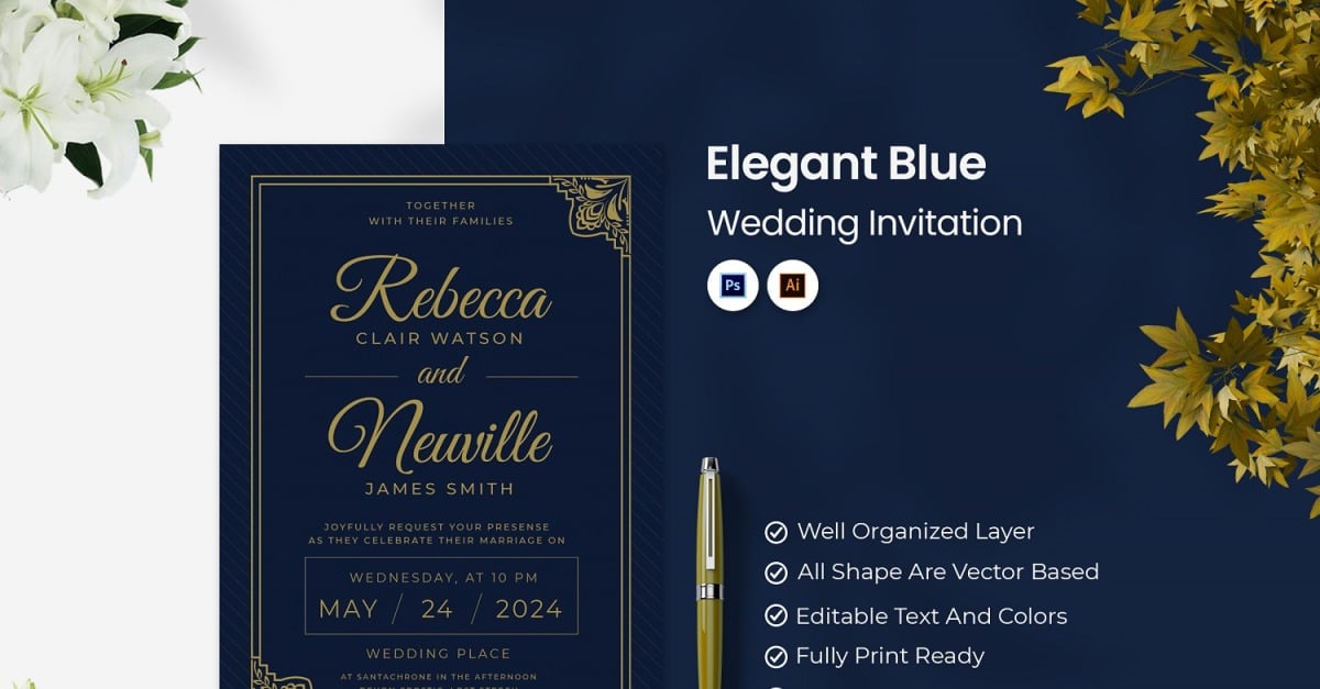 Elegant Blue Wedding Invitation #184292 - TemplateMonster