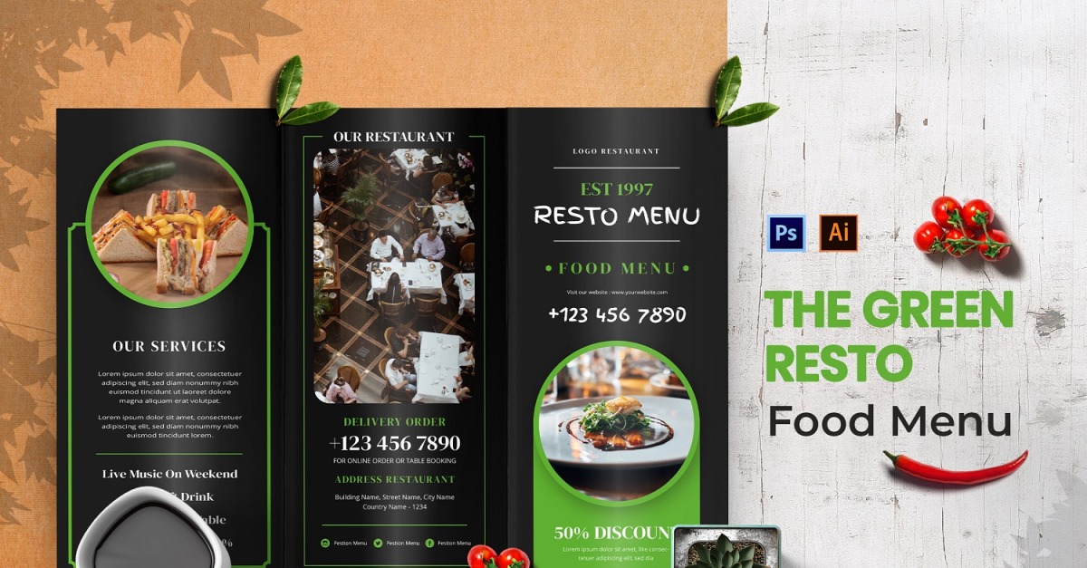 Green Resto Food Menu Print Template - TemplateMonster