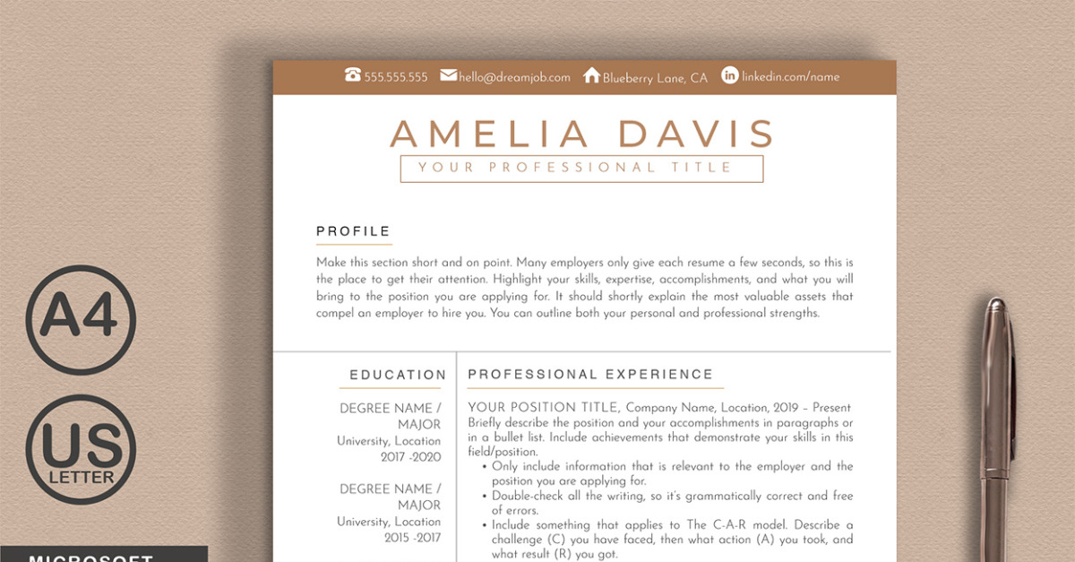 Amelia CV plantilla Word + páginas #184386 - TemplateMonster