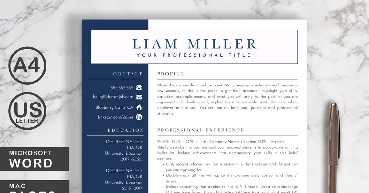 Liam Resume Template Word + Pages #184385 - TemplateMonster