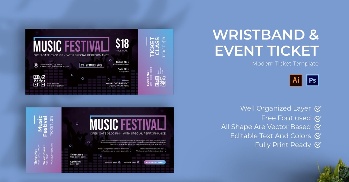 Festival Music Ticket Print Template - TemplateMonster