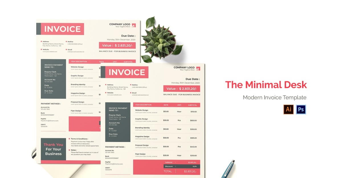 Minimal Desk Invoice Print Template #184972 - TemplateMonster