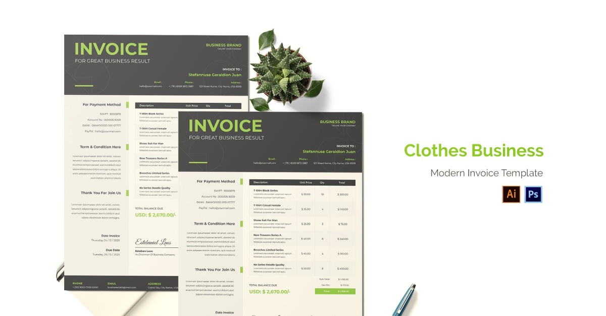 Plantilla de impresión de factura comercial de ropa