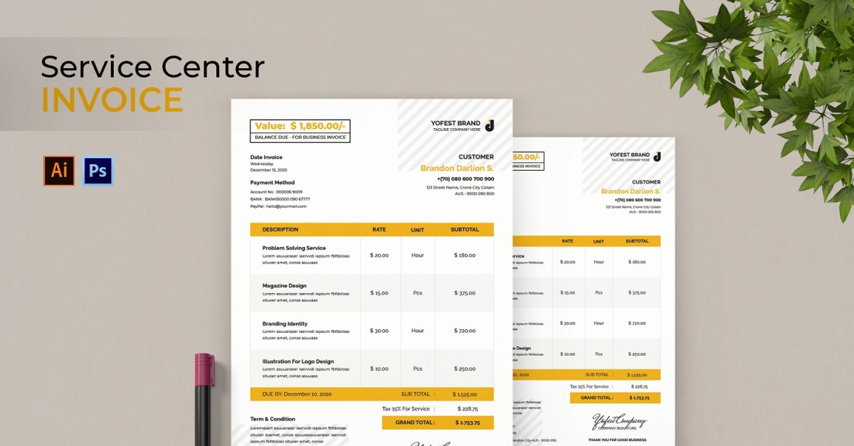 Service Center Invoice Print Template - TemplateMonster
