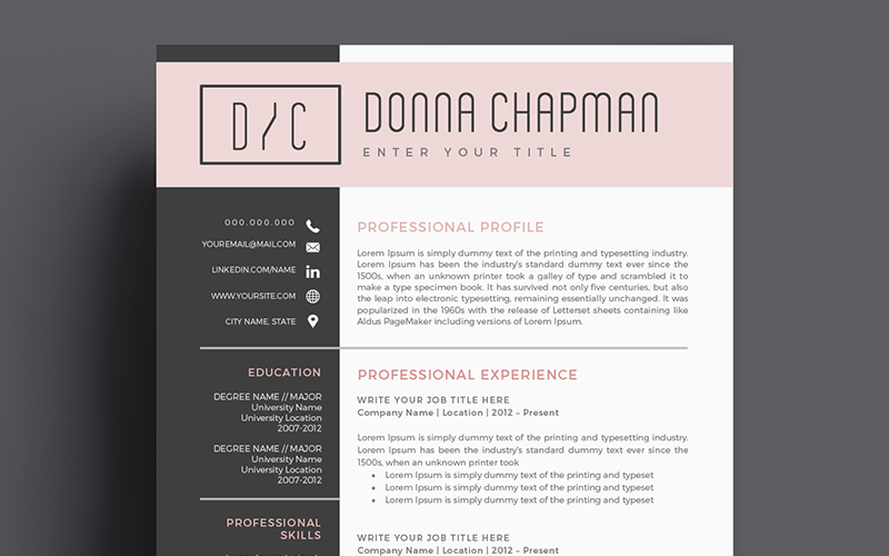 Donna - Resume Template and Matching Cover Letter for Word + Special Bonus
