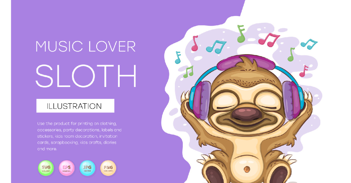 Sloth Music Lover, Cute Clipart, Vector - TemplateMonster