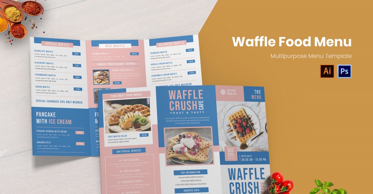 Waffle Crush Food Menu Print Template - TemplateMonster