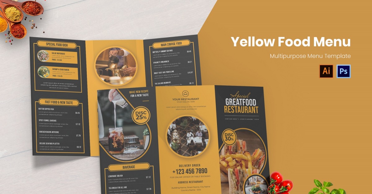 Yellow Black Food Menu Print Template - TemplateMonster
