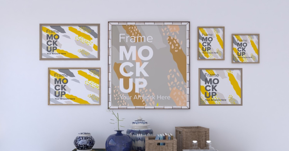 Multiple Frames Mockup With Table Decorative Items Mockup Template