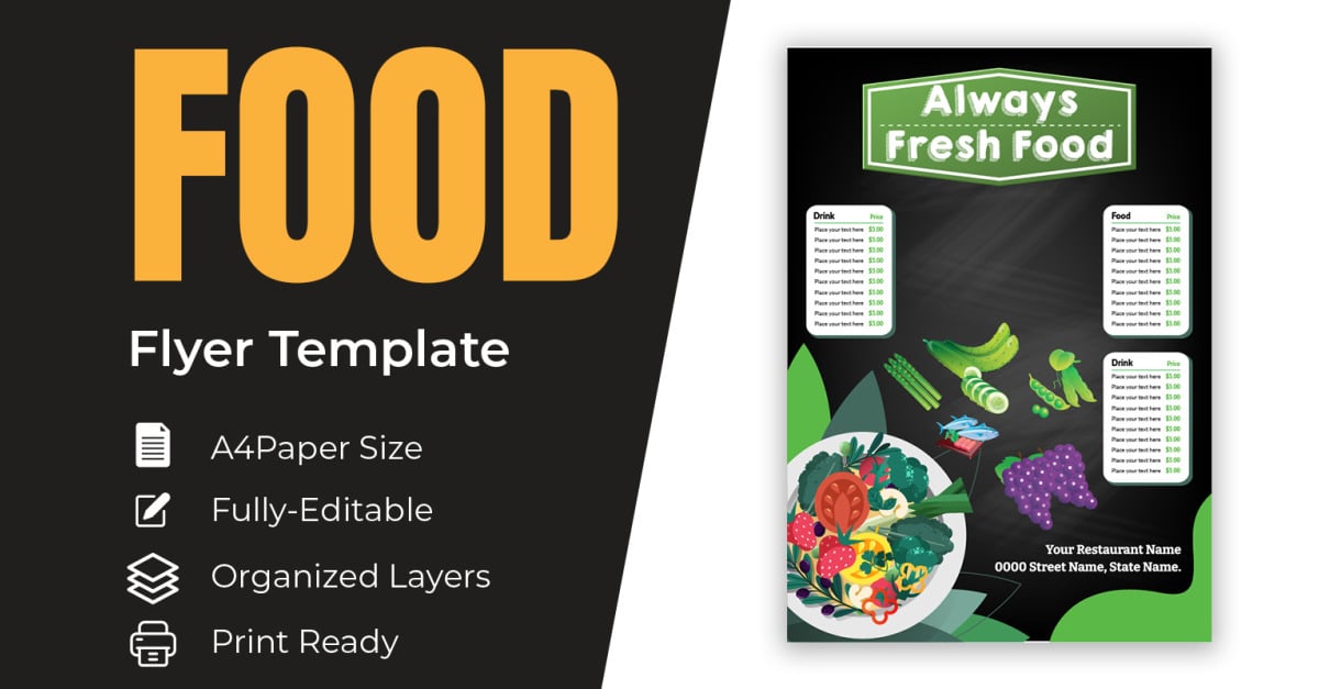 Fresh Food And Green Color Restaurant Menu Template