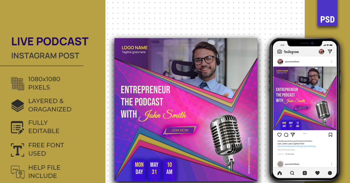 Live Streaming Social Media Post Design Instagram PSD Template for ...