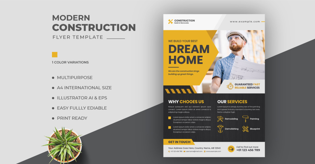 Creative Modern Corporate Yellow Color scheme Construction Flyer Design ...