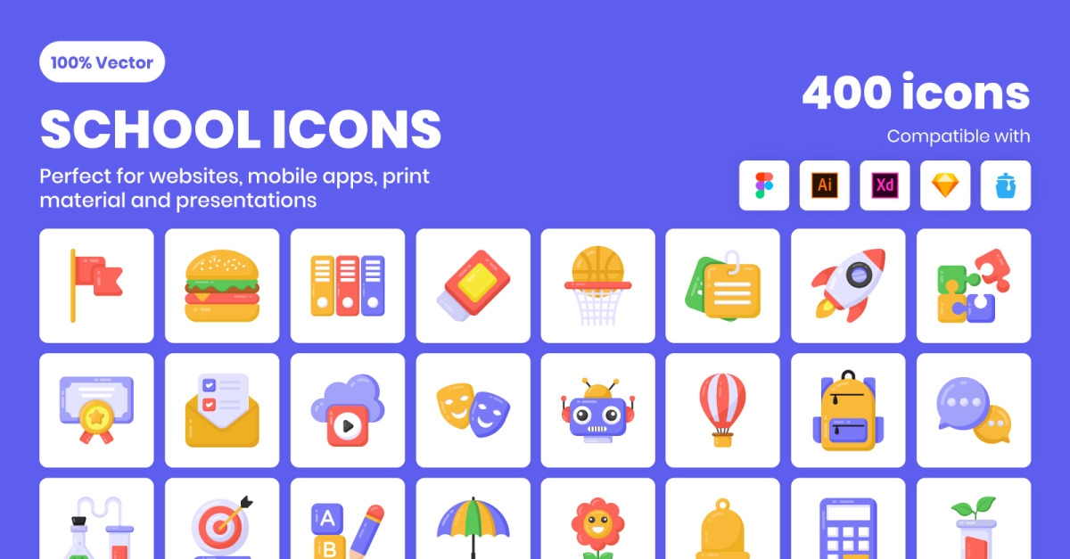 400 Flat School Icons Sets Template #192505 - TemplateMonster