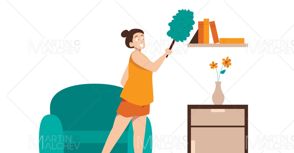 Woman Dusting at Home Vector Illustration - TemplateMonster