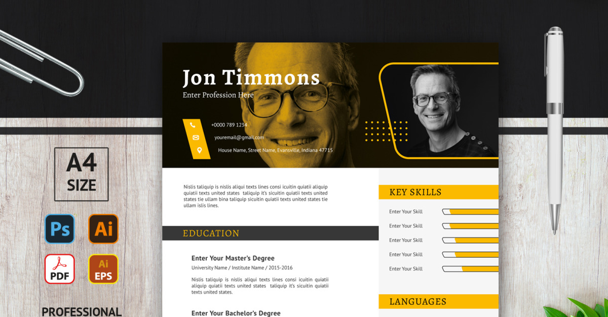 Jon Timmons - Svart och gul kreativ utskrivbar CV -mall