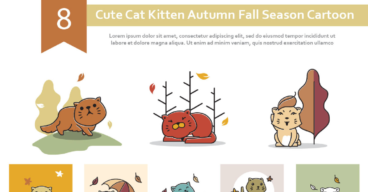 8 Cute Cat Kitten Autumn Fall Season Cartoon Illustration