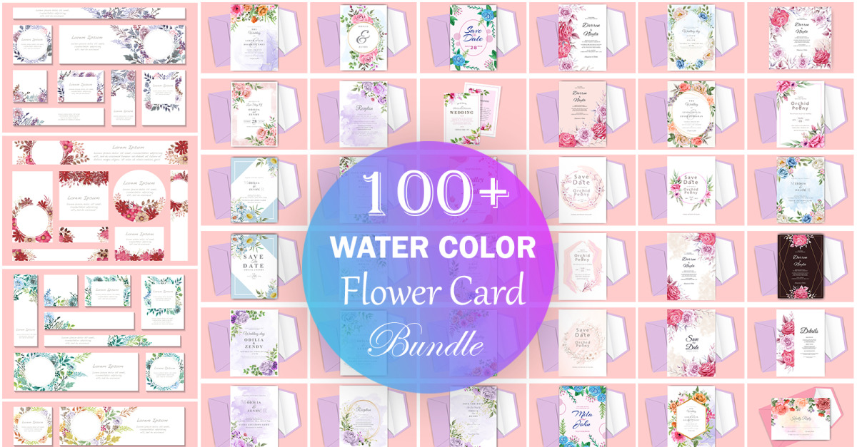 Watercolor Flower Card Bundle, Watercolor Flower Background Bundle.