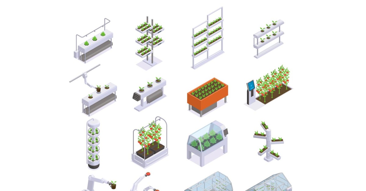 Modern Greenhouse Isometric Set Vector Illustration Concept