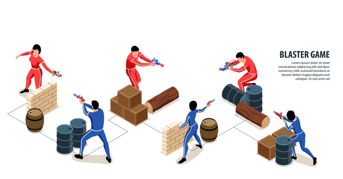 Isometric Blaster Game Infographics Vector Illustration Concept