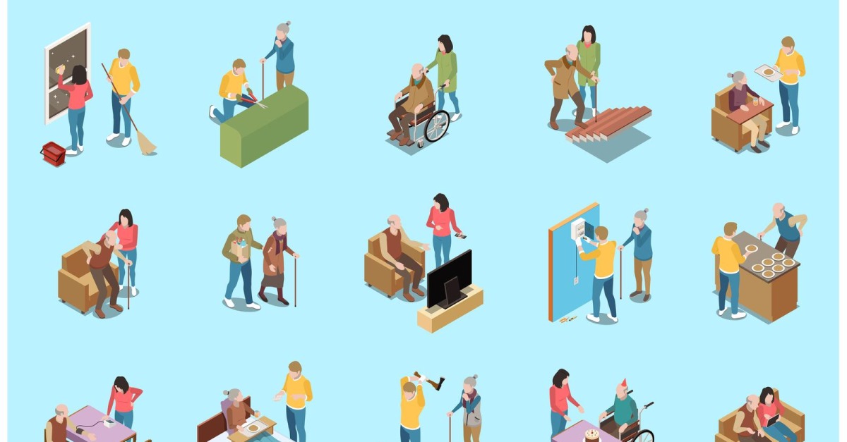 Elderly People Professional Social Help Service Isometric Set Vector ...