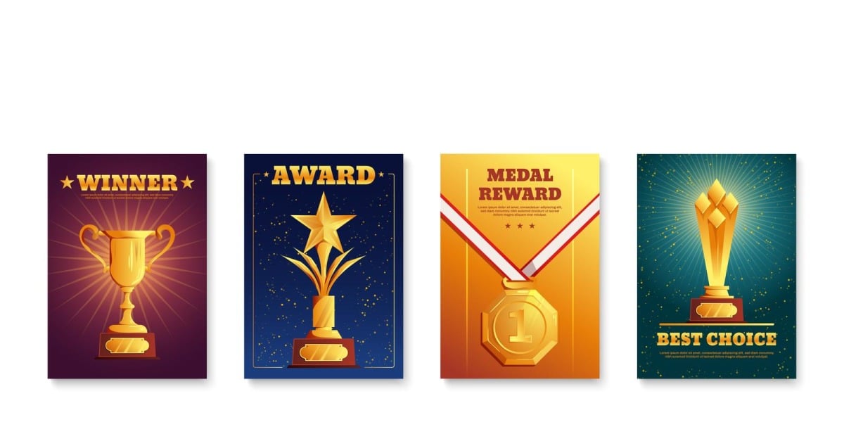 Cups Medals Reward Poster Set Vector Illustration Concept