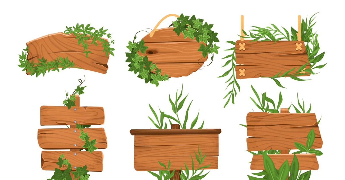 Wooden Sign Plant Set Vector Illustration Concept