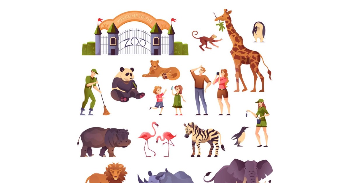 Zoo Animals People Set Vector Illustration Concept
