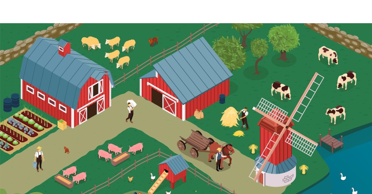Isometric Farm Windmills Vector Illustration Concept