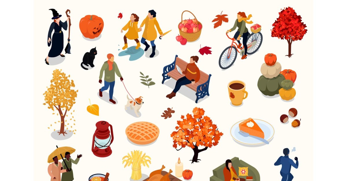 Isometric Autumn Fall Thanksgiving Halloween Set Vector Illustration ...
