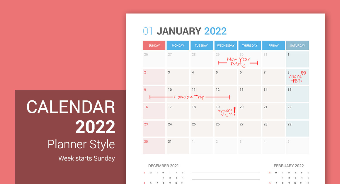 Calendar 2022 Planner Design[Sunday] - TemplateMonster