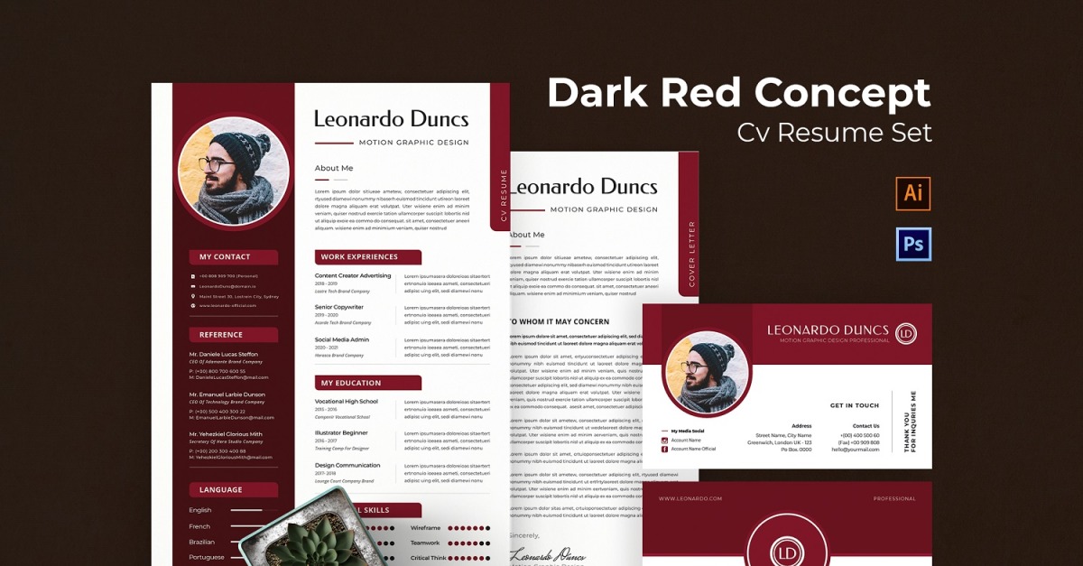 Dark Red Concept Cover Letter CV Resume Set - TemplateMonster